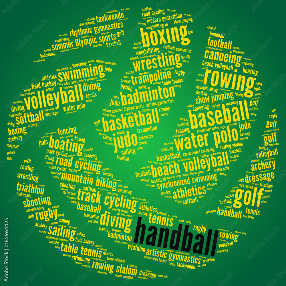 Handball. Word cloud in the form of a ball, green gradient background ...