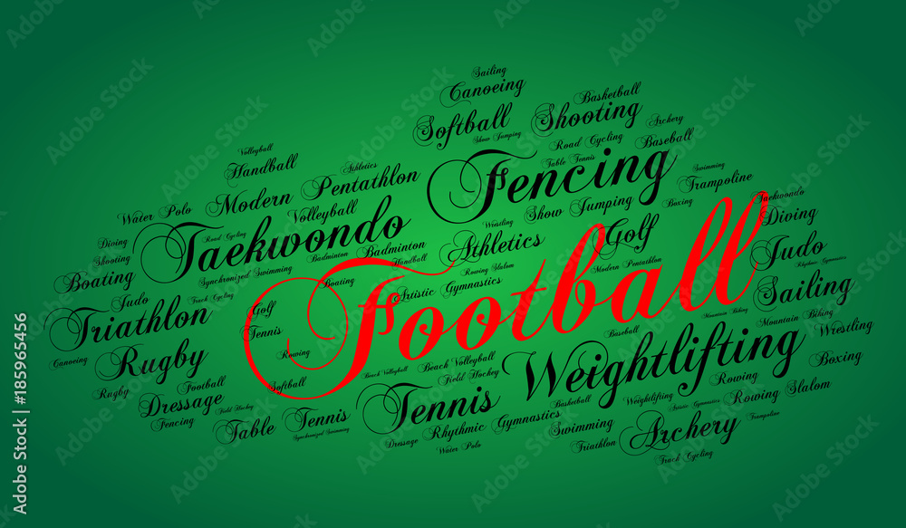 Football. Word cloud , elegant cursive font, green gradient background ...