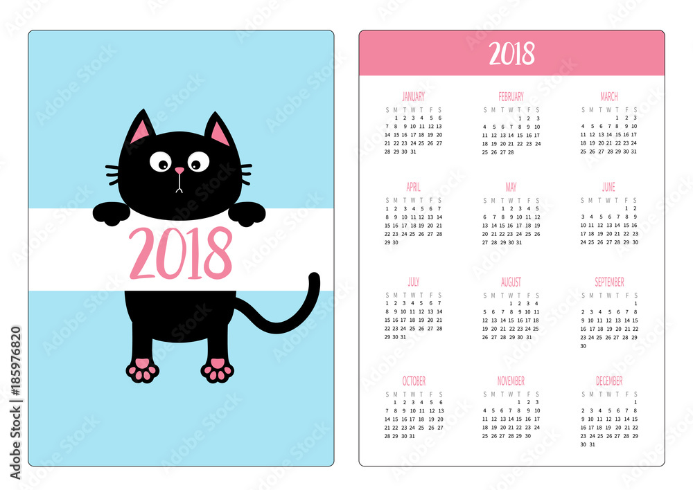 Pocket calendar 2018 year. Week starts Sunday. Black funny cat hanging ...