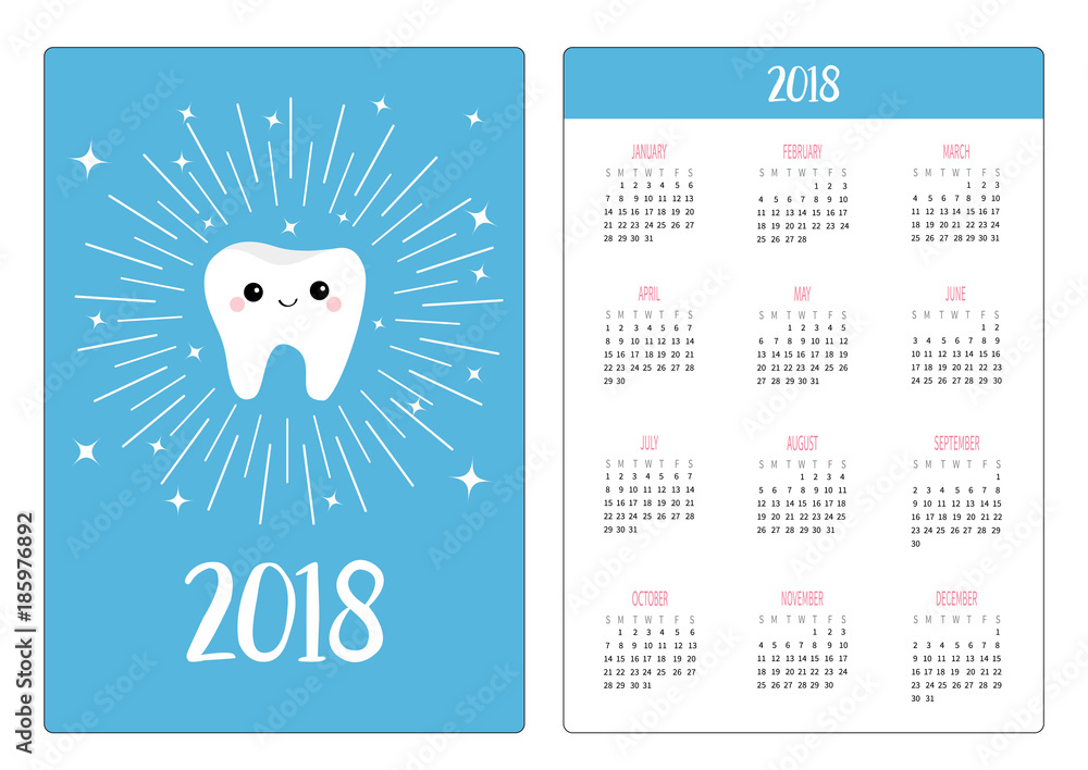 Pocket calendar 2018 year. Week starts Sunday. Healthy tooth icon Funny ...