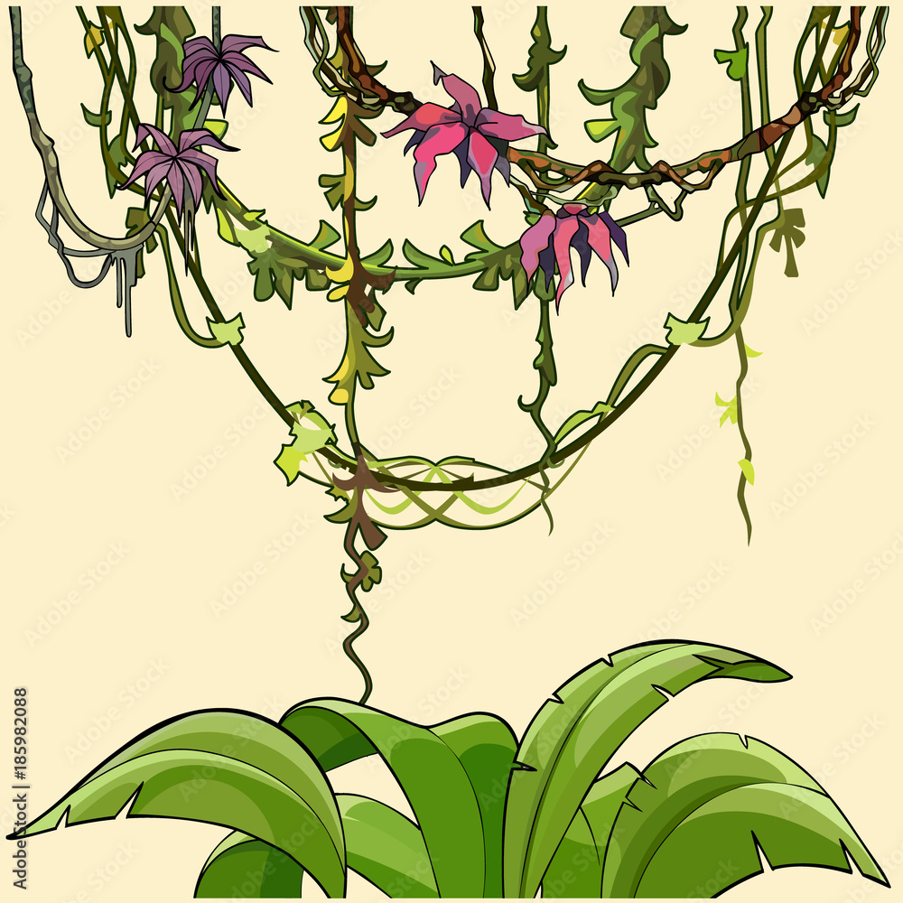 cartoon tropical plants bush and lianas with flowers Stock Vector ...