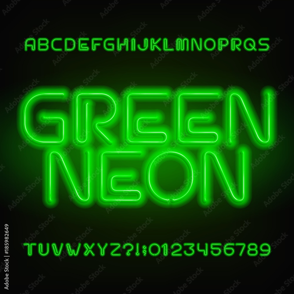 Green neon tube alphabet font. Neon color letters and numbers. Stock ...