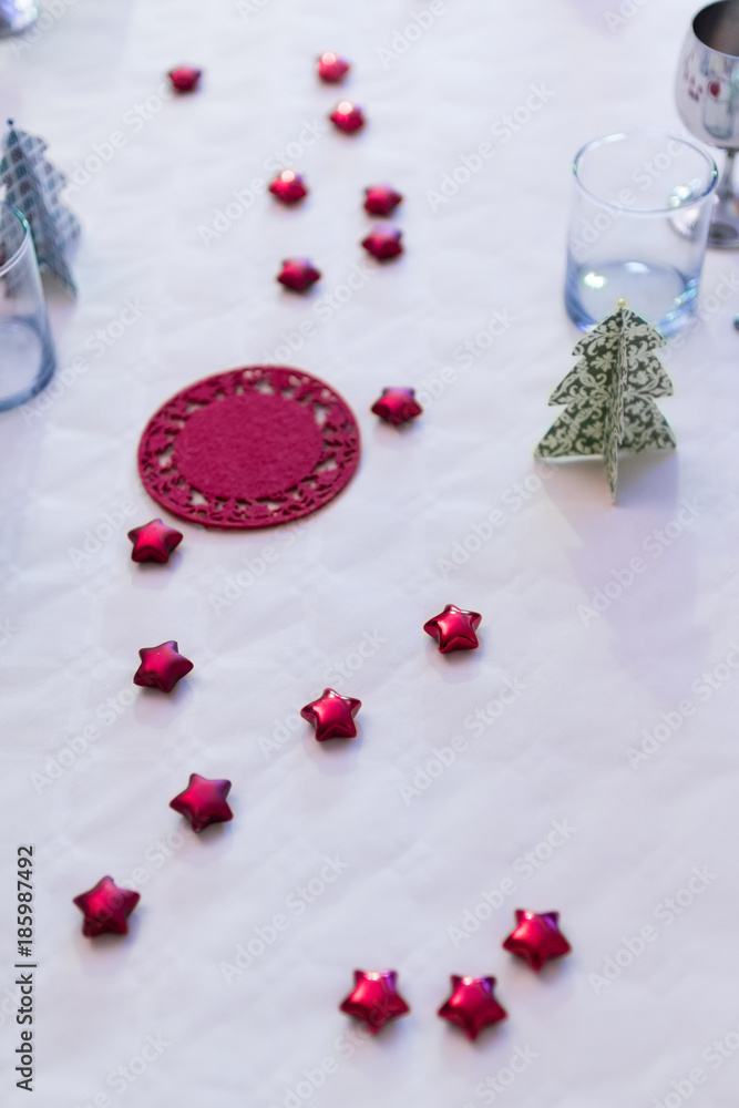 Christmas decorations with paper Christmas trees and a Reindeer mascot ...