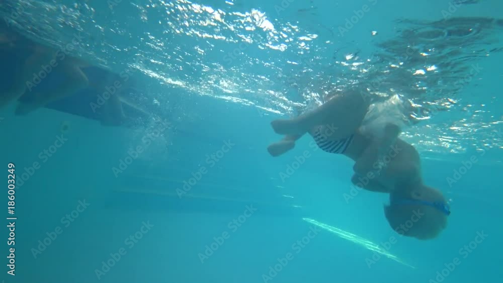 children are swimming in the pool, the boy is doing a roll in the water ...