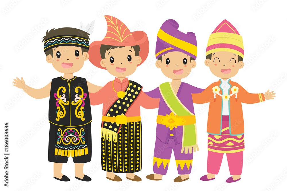 Indonesian children wearing traditional dress cartoon vector. Dayak ...