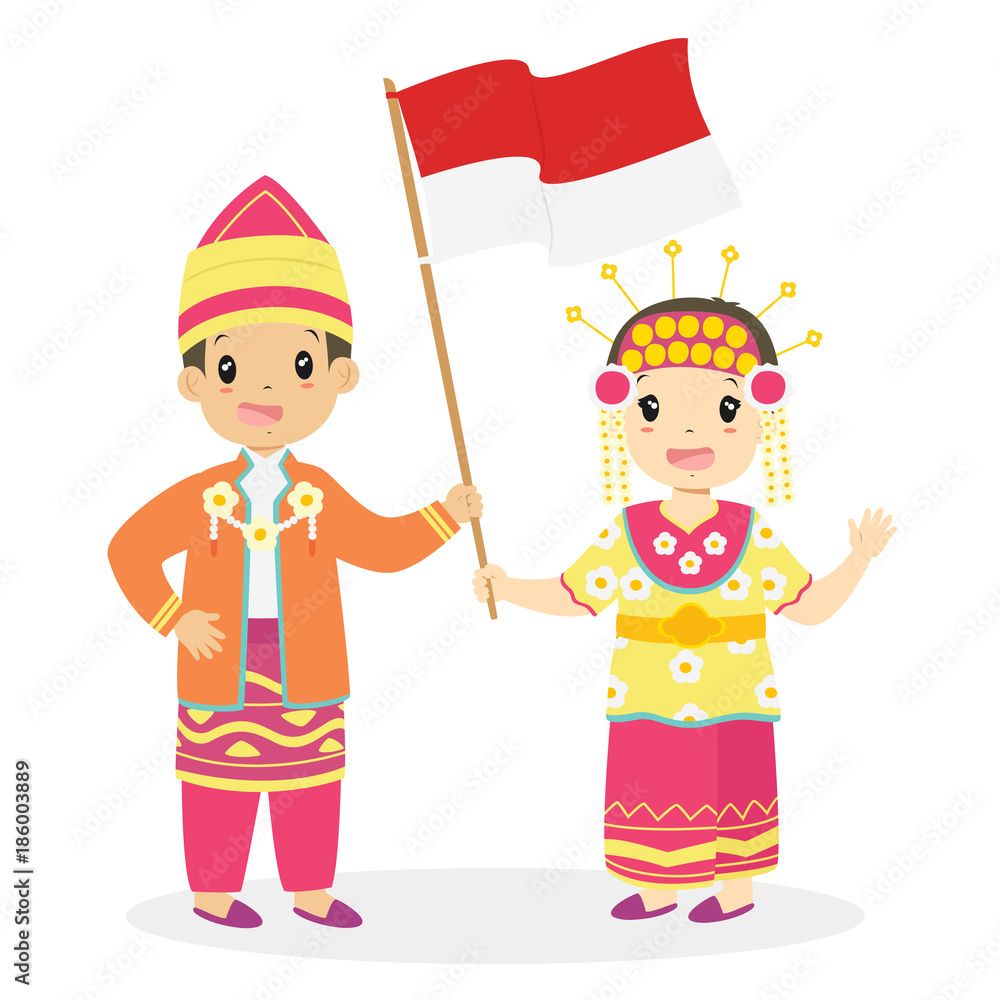 Happy boy and girl wearing South Kalimantan traditional dress and ...