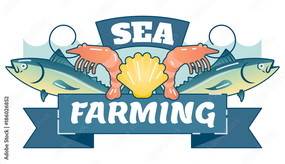 Sea Farming Aquaculture, illustrated vector logo badge with fish ...