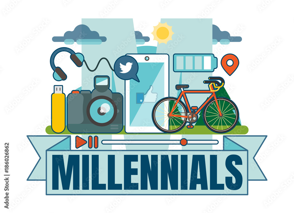 Illustrated Millennial vector badge with scene including photo camera ...