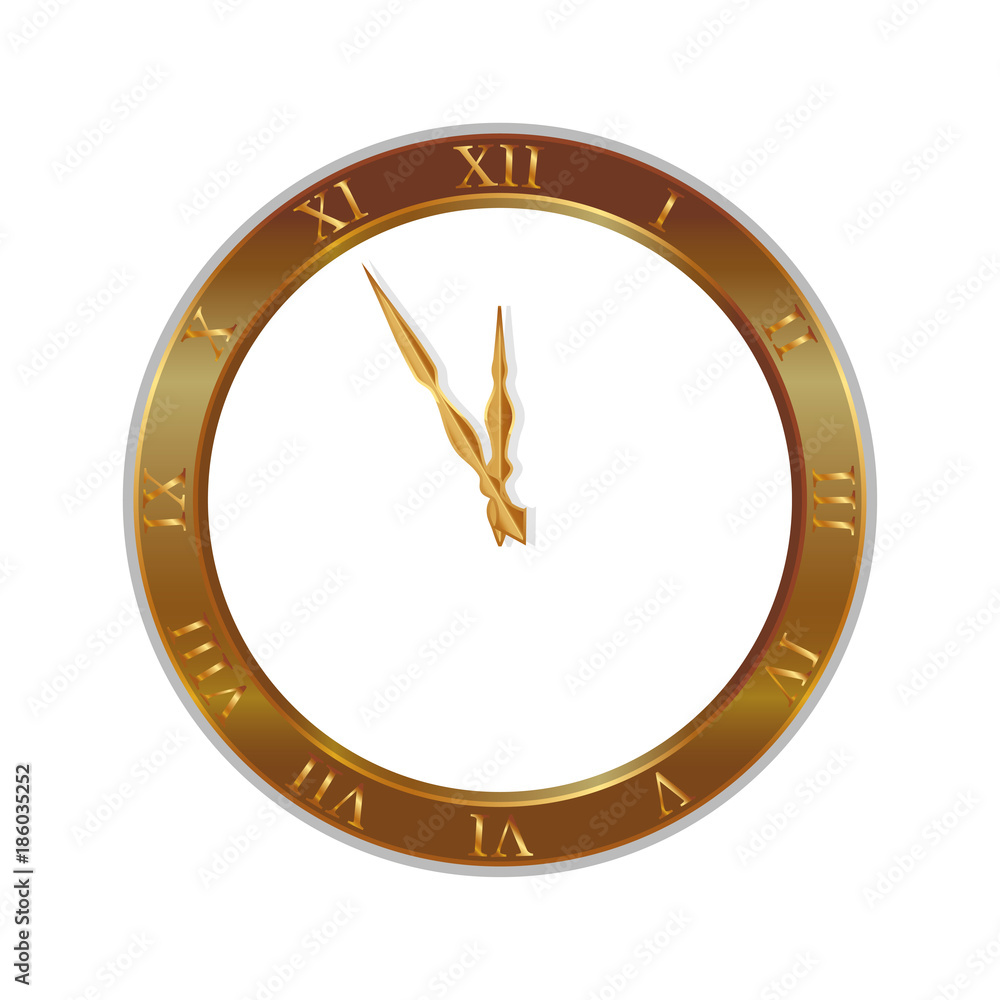 An ancient gold clock face with golden roman numbers on white ...