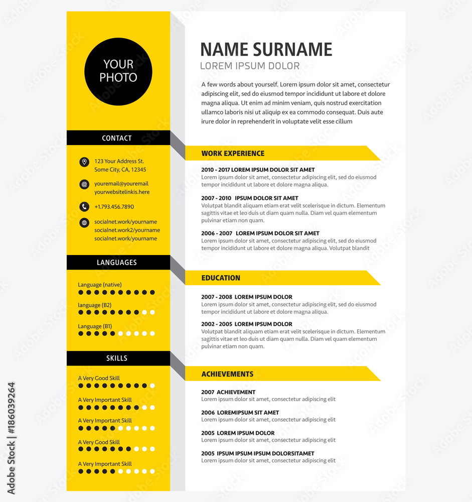 Creative CV / resume template yellow color minimalist vector Stock ... Creative CV / resume template yellow color minimalist vector Stock ...