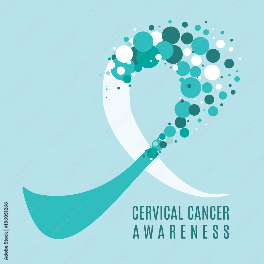 Cervical cancer poster with teal and white ribbon made of dots on green ...
