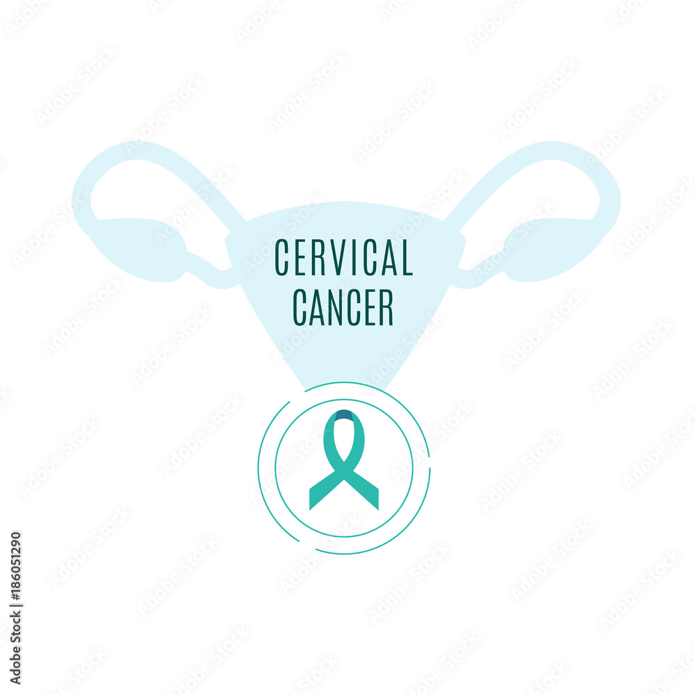 Cervical cancer template with teal ribbon and uterus symbol on white ...