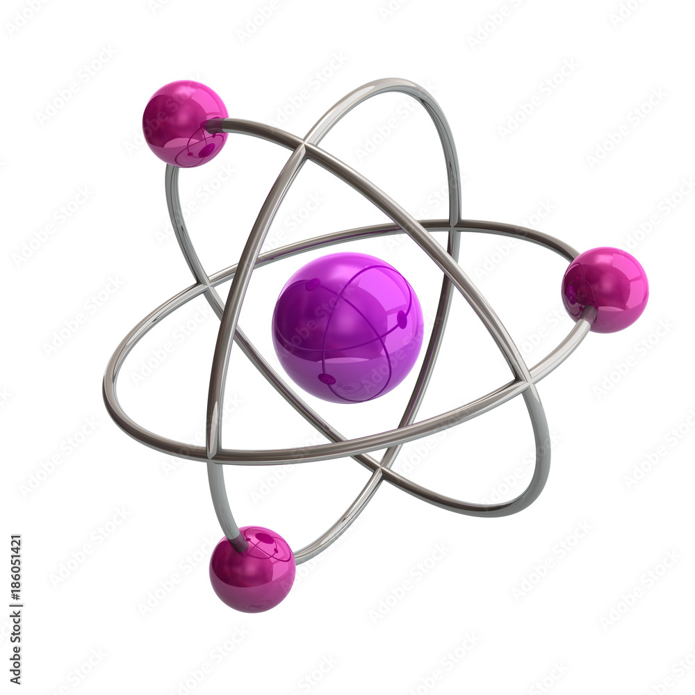 3D illustration violet atom symbol on white background Stock ...