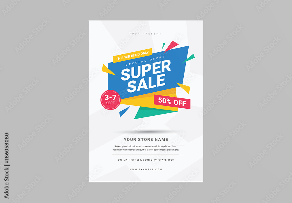 Super Sale Flyer Layout with Colorful Banners Stock Template | Adobe Stock