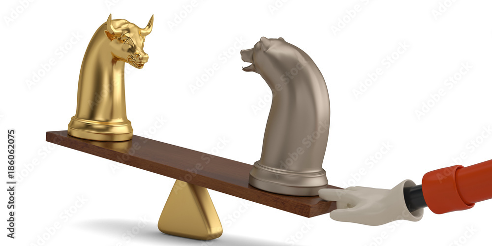 Stock market bull and bear chess piece battle metaphor.3D illustration ...