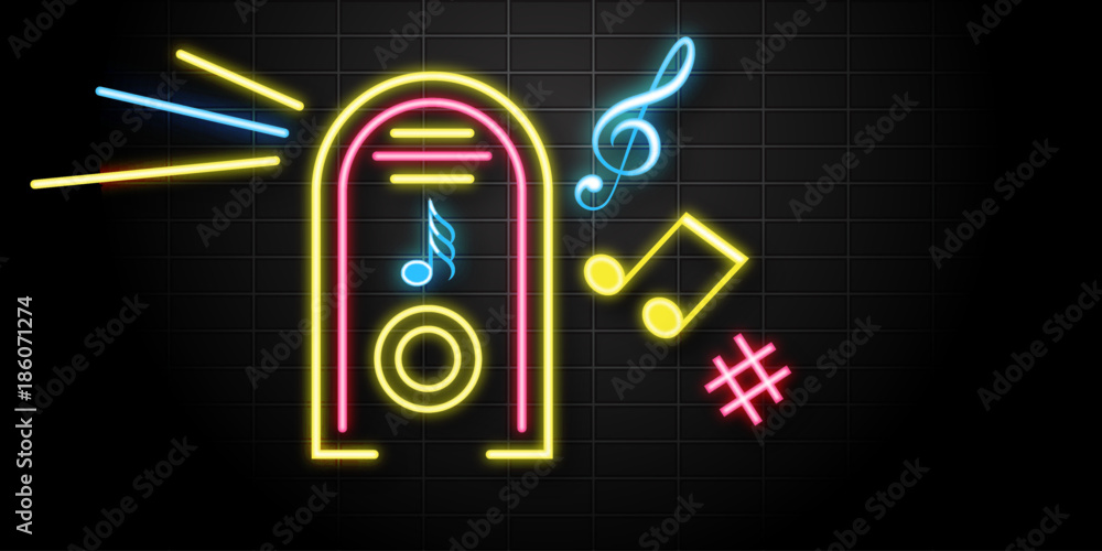 Vector realistic isolated neon sign of jukebox for decoration and ...