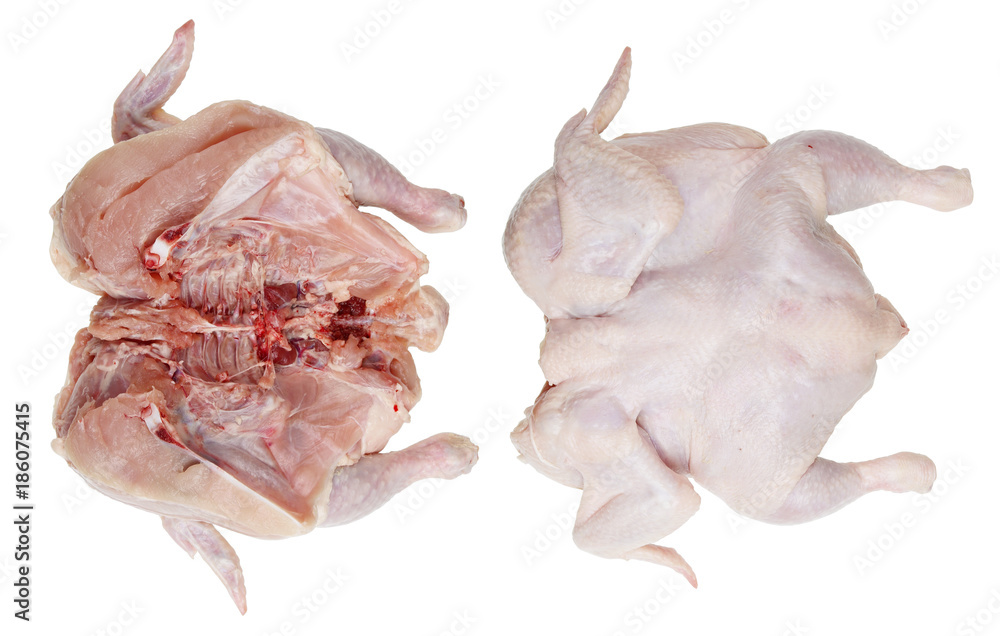Raw dead chicken is cut in half and pressed down for marinating in ...