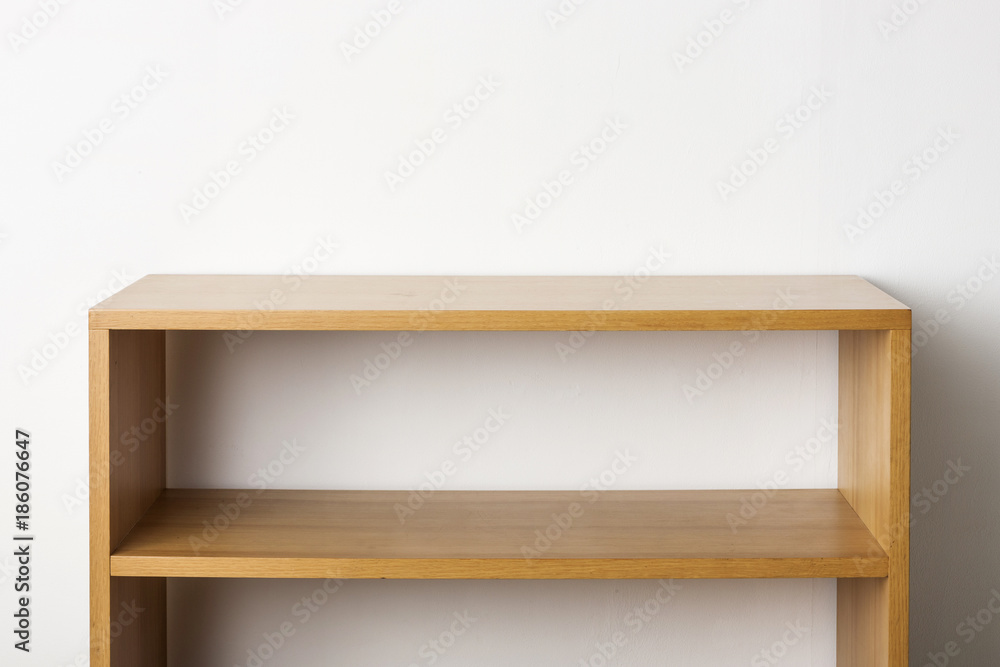 empty solid wood shelf isolated the white background. Stock Photo ...
