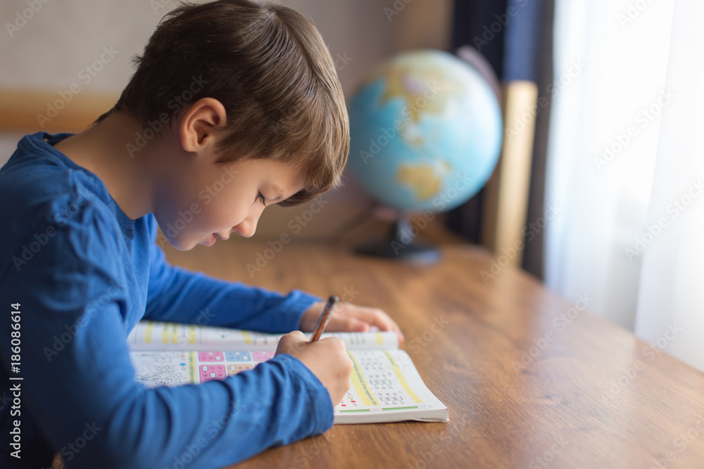 Little smart schoolboy solving mathematics examples homework Stock ...