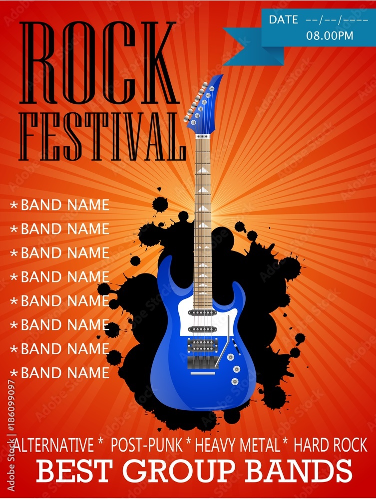 Rock festival banner design template with guitar. Vector illustration ...