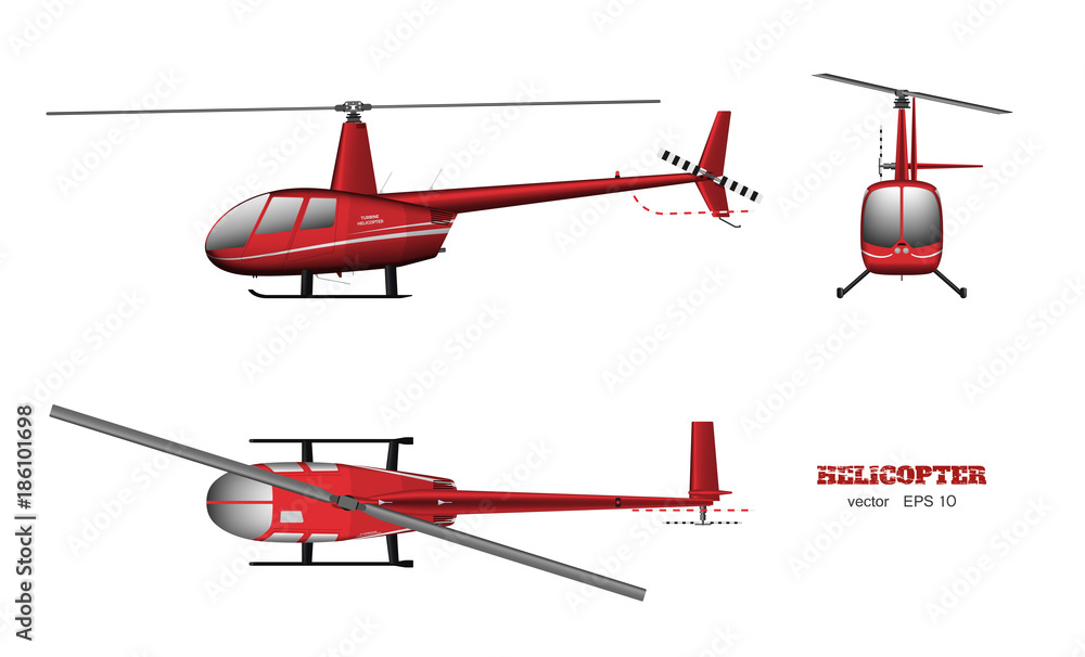 Red helicopter. Top, front and side view. 3d image of business vehicle ...