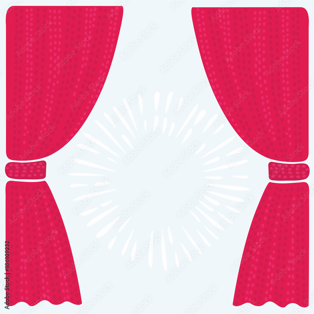 Cartoon theater. Theater curtain with spotlights beam and stars. Open ...