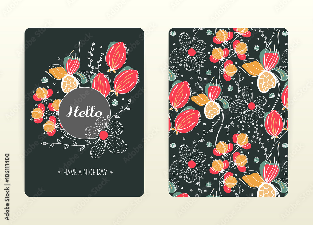 Cover design with floral pattern. Hand drawn creative flowers. Colorful ...