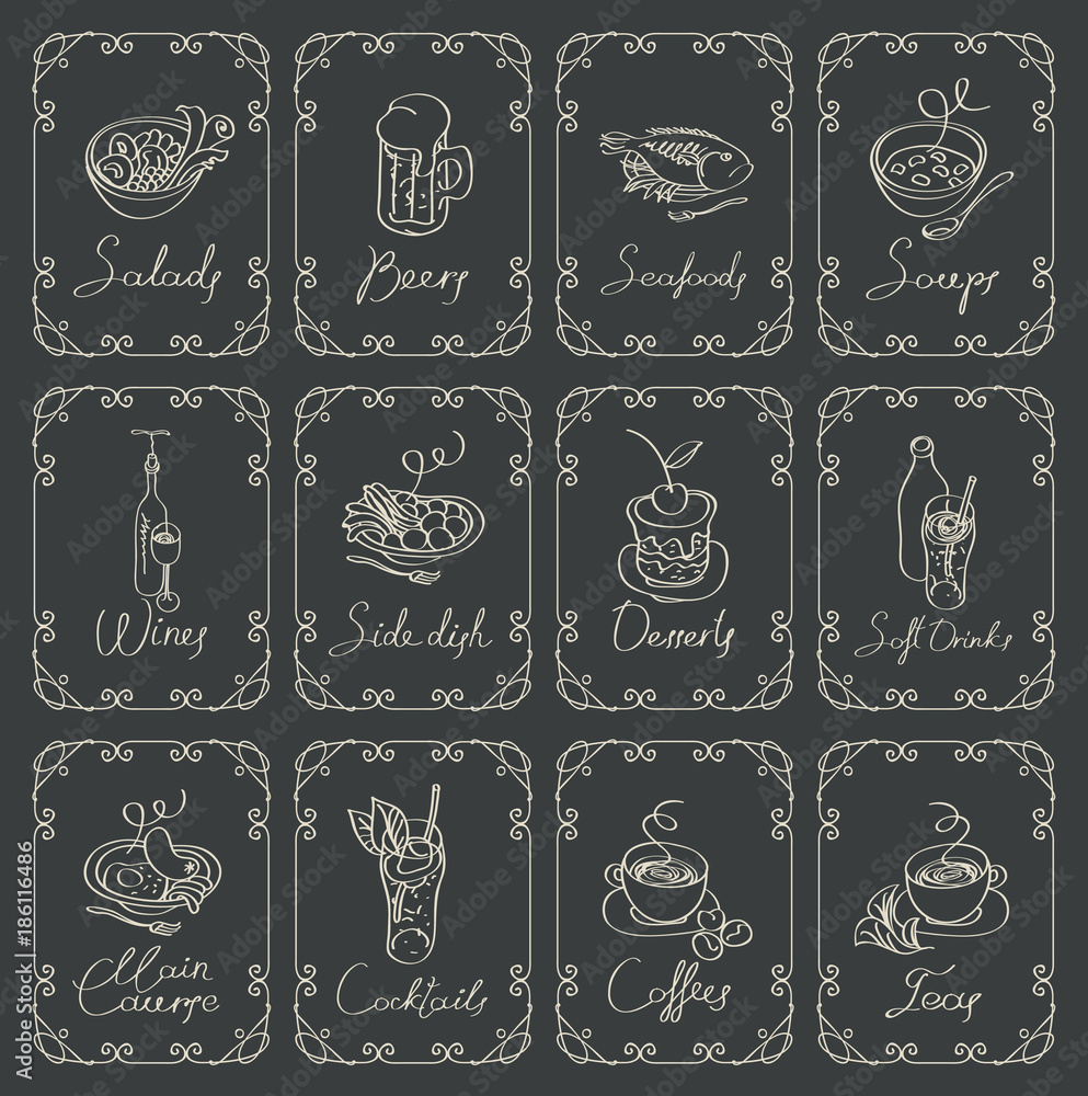 Vector set of sketches of different dishes with handwritten ...