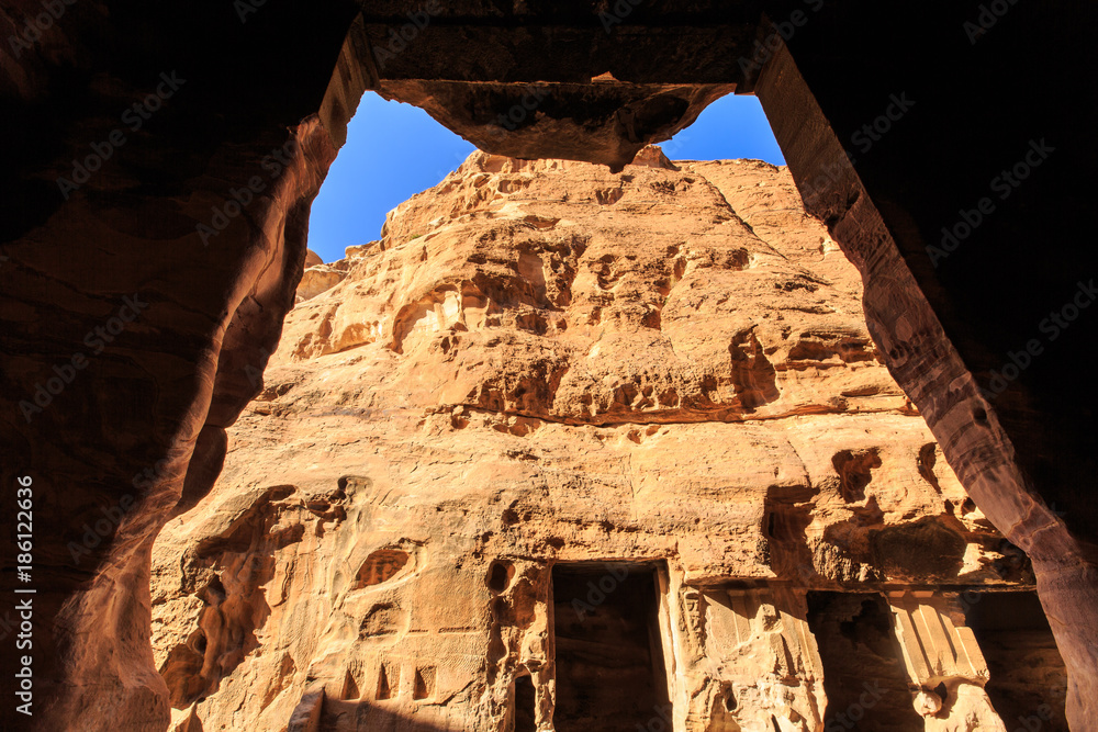 Caved buildings of Little Petra in Siq al-Barid, Wadi Musa, Jordan ...