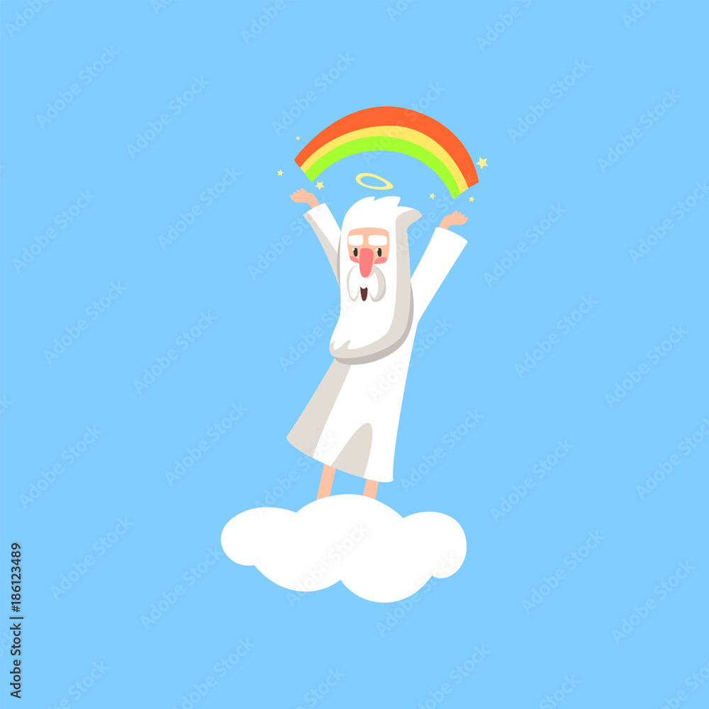 Creator cartoon character in action on white cloud. Smiling god ...