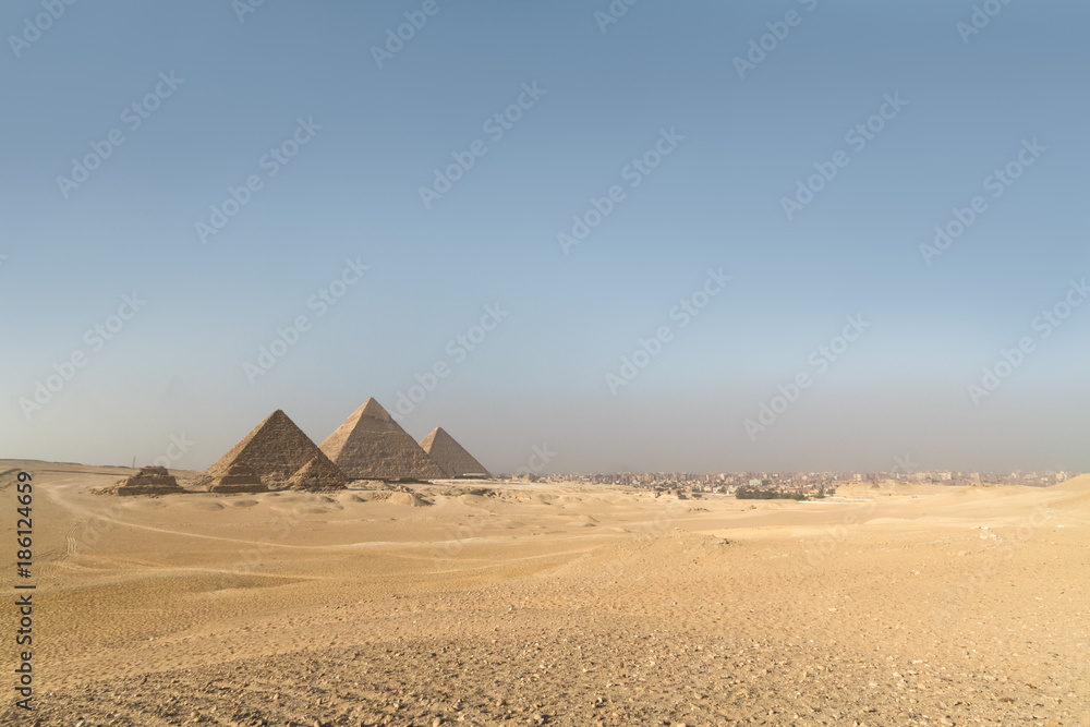 Giza pyramids in Cairo, Egypt. General view of pyramids from the Giza ...