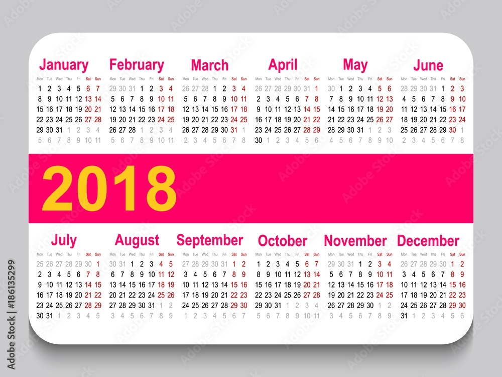 2018 pocket calendar. Template calendar grid. Horizontal orientation ...