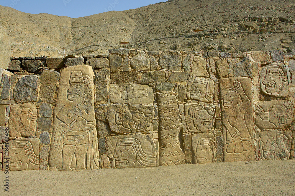 Cerro Sechin temple with reliefs representing "warrior-priests" and ...