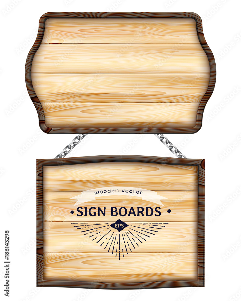 Realistic wooden signboards or wood plank with dark frame. Old blank ...