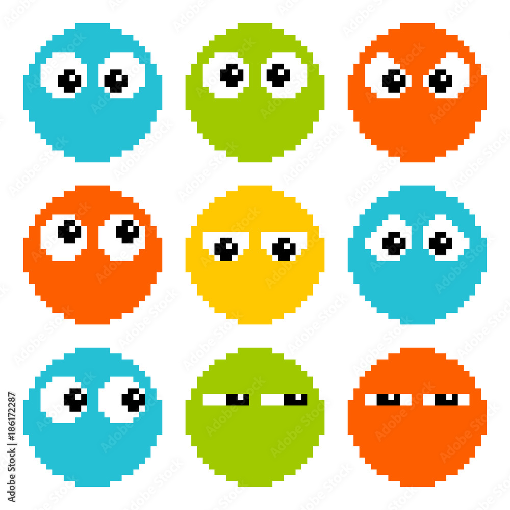 8-bit Pixel Eyes on Circle Characters Stock Vector | Adobe Stock