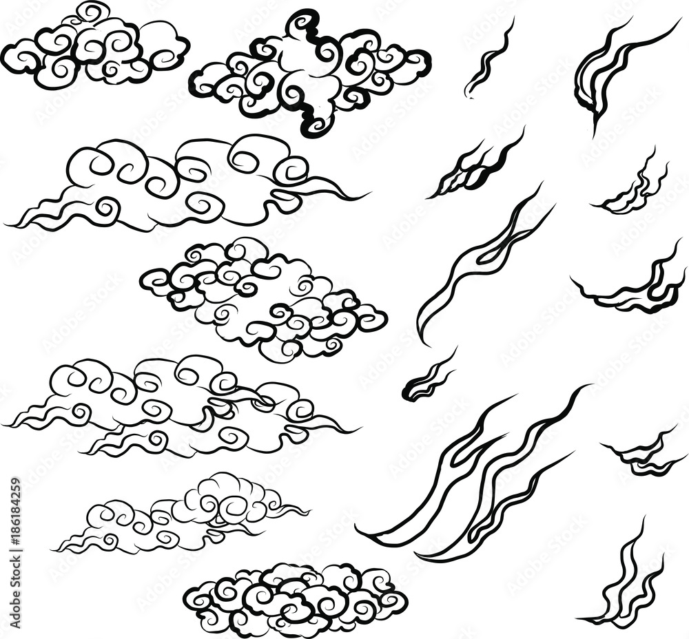 Japanese fire tattoo.Hand drawn red fire vector set.Chinese cloud ...