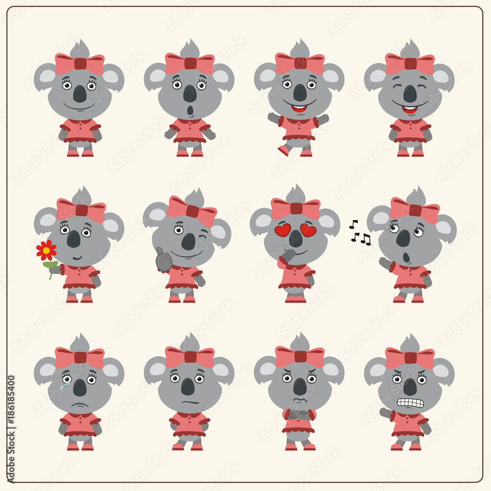 Set of charming little koala girl in various poses. Collection ...