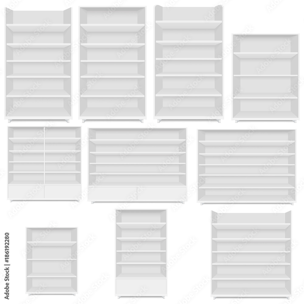Set of blank empty showcases display with retail shelves. Front view ...