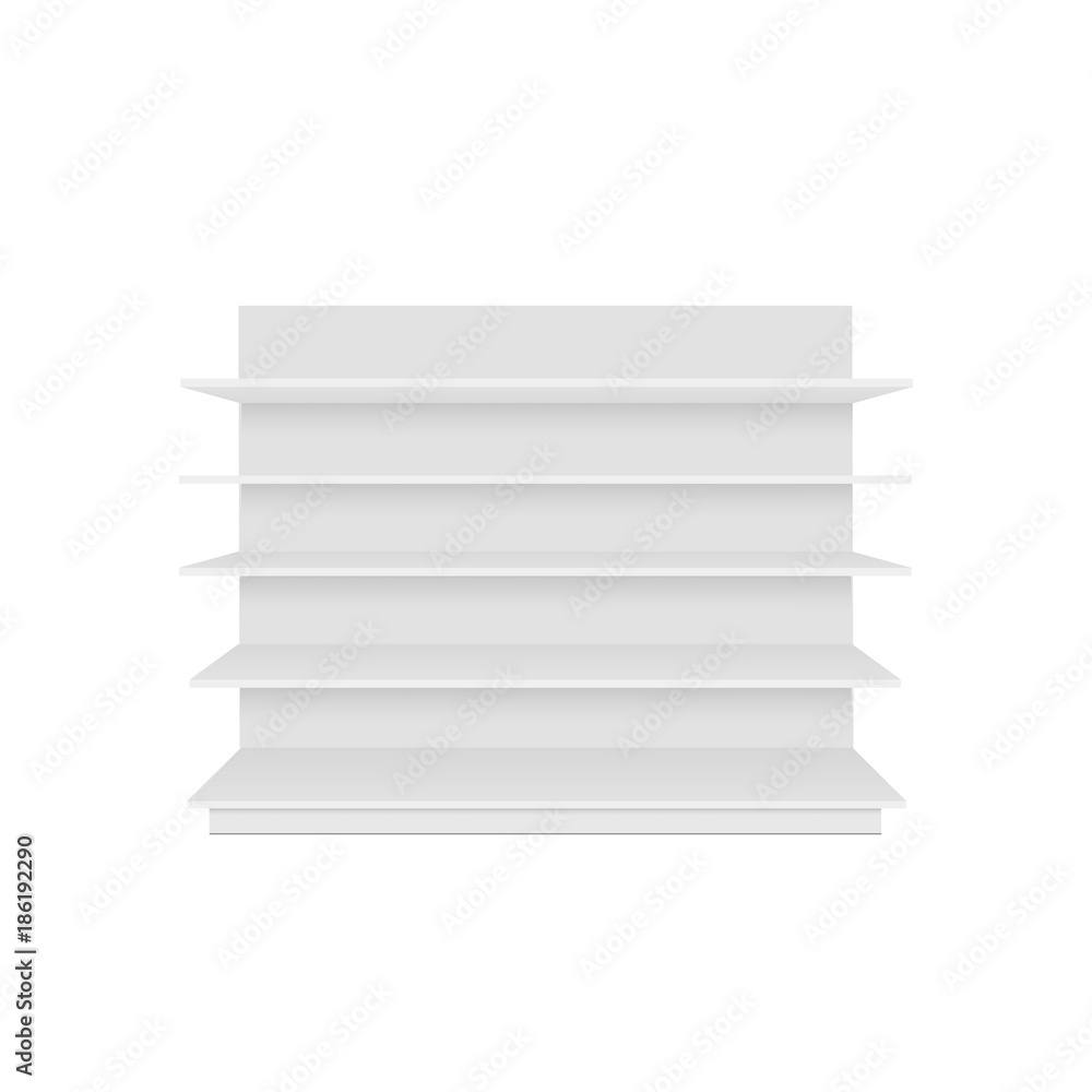 Blank empty showcases display with retail shelves. Front view. Vector ...