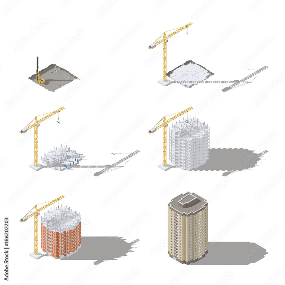 Stages of construction of a high-rise building isometric icon set Stock ...
