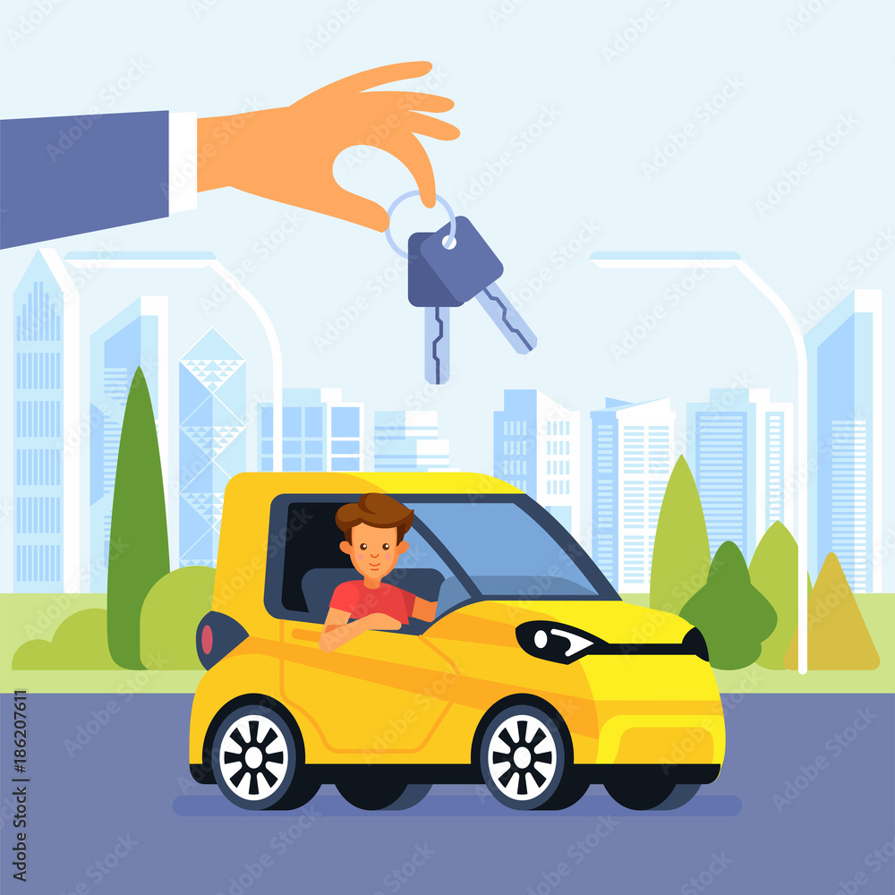 Car rental poster concept. Cartoon-style vector young man on blue car ...