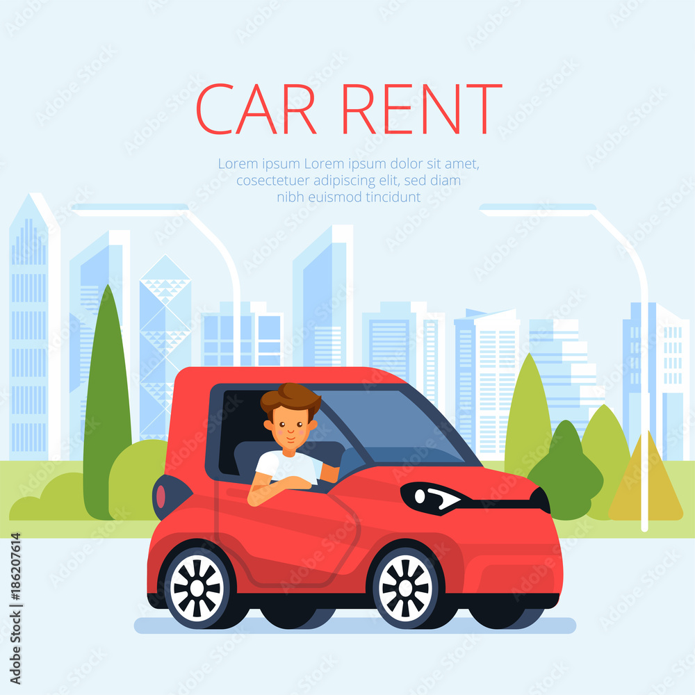 Car rental poster concept. Cartoon-style vector young man on blue car ...