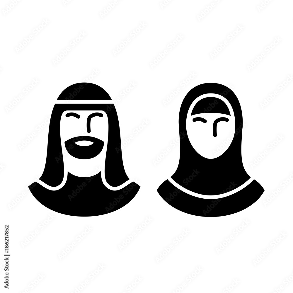 Traditionally clothed arabic men and women icon set, muslim business ...