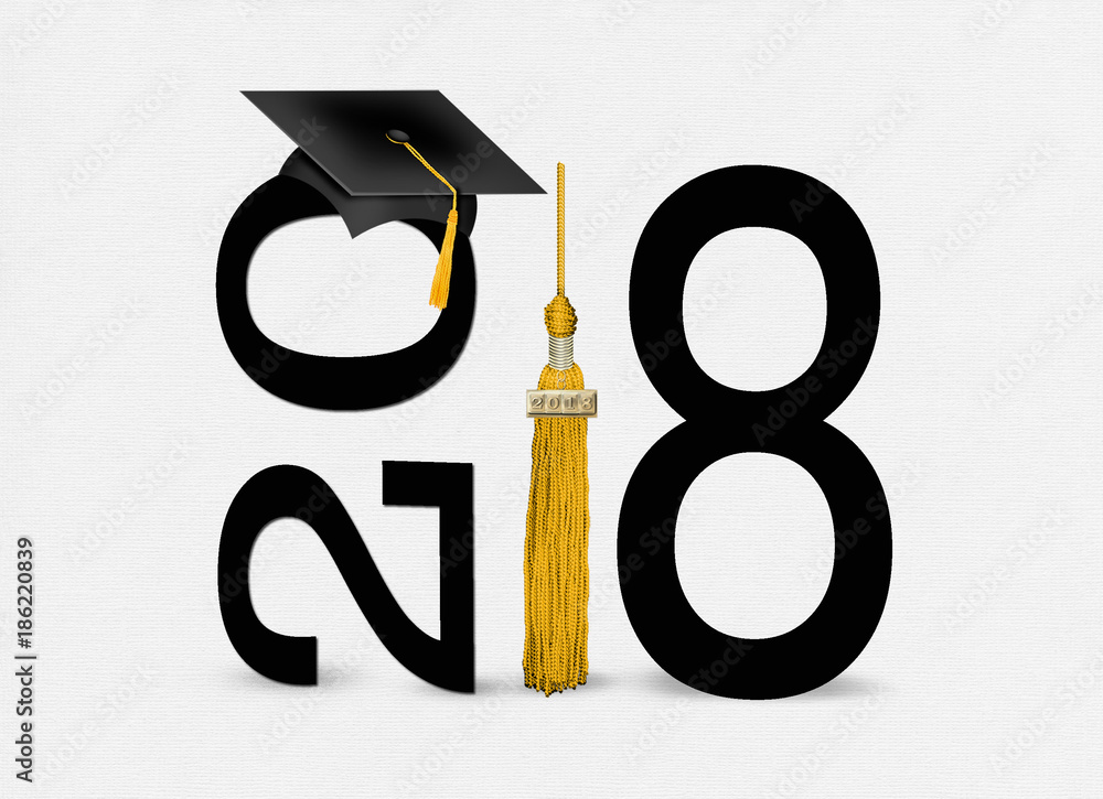 black graduation cap with gold tassel for class of 2018 on soft white ...