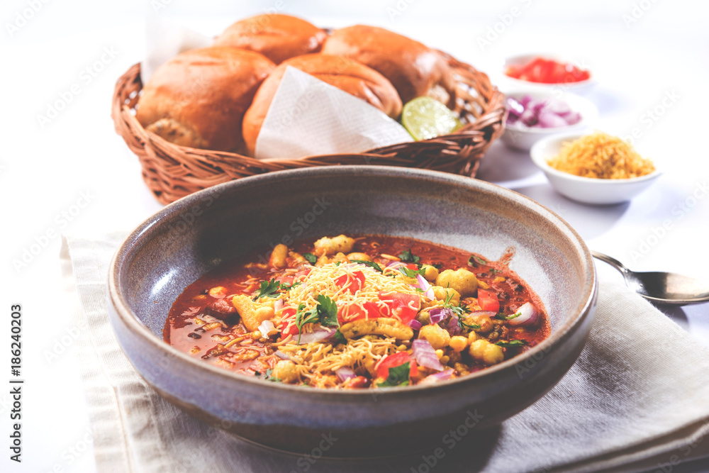 Misal Pav or misalpav, Misal Pav with Farsan. Traditional Indian spicy ...