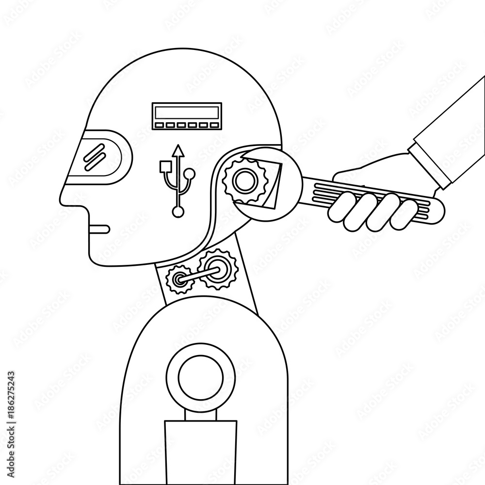 humanoid robot profile with wrench and hand vector illustration design ...