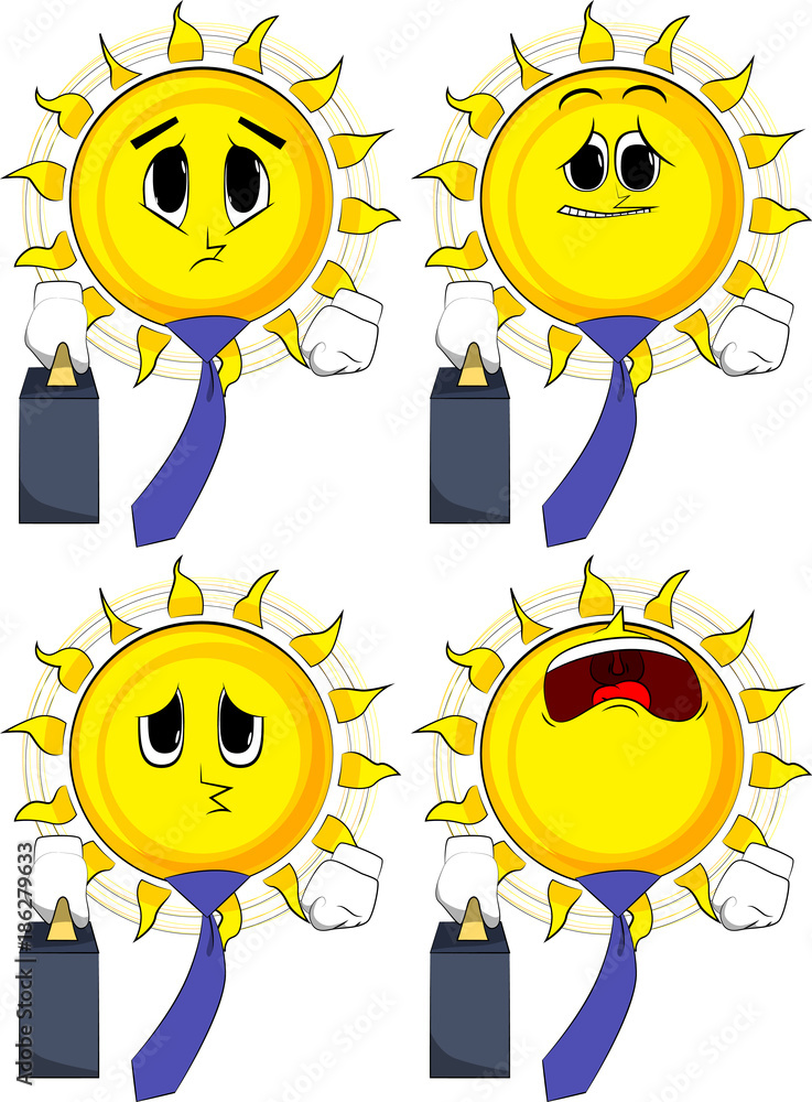 Cartoon sun boss with suitcase or bag and tie. Collection with sad ...