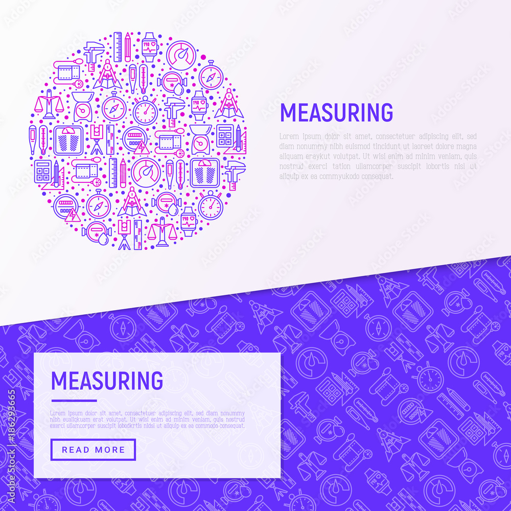 Measuring concept in circle with thin line icons: stopwatch, weight ...
