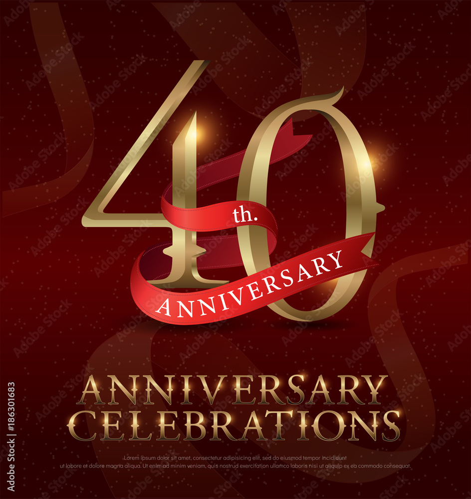 40th years anniversary celebration golden logo with red ribbon on red ...