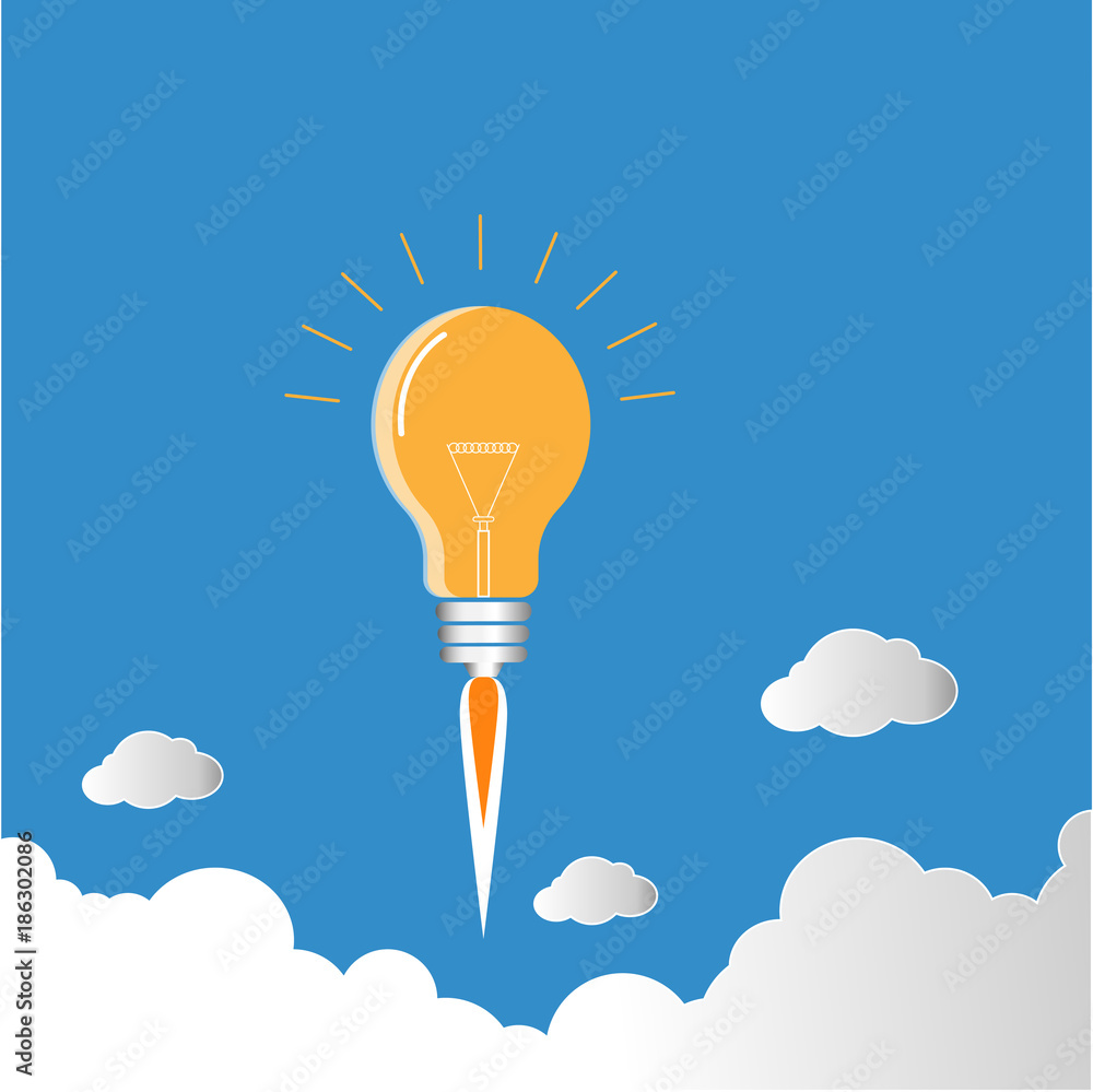 Vector of light bulb launch. Light bulb in a flat style. Flying light ...